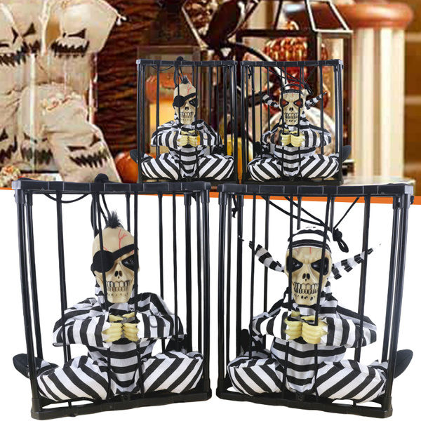 Halloween Scary Skull Cage Prisoner Decor with Motion Sensor Haunted ...