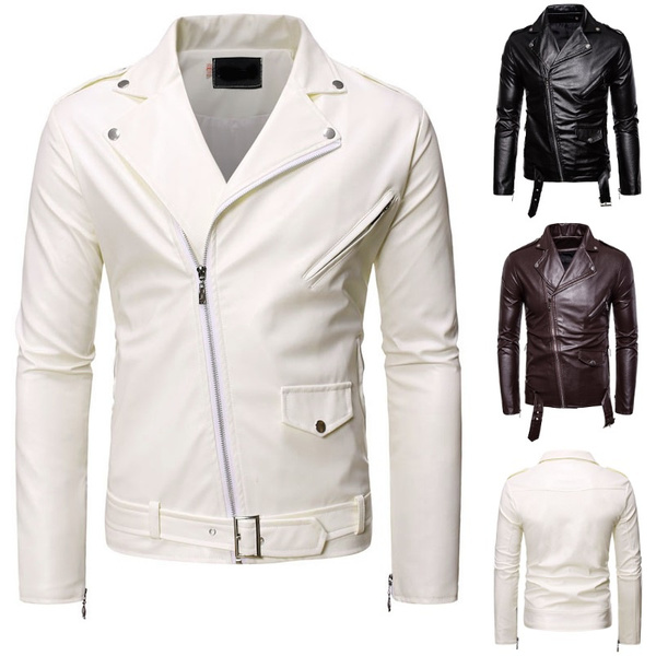 Fashion Men Diagonal Zipper Imitation Leather Jacket Black White Dark ...