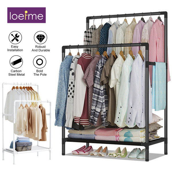 LOEFME Heavy Duty Double Rail Floor Standing Clothes Hanger Garment ...