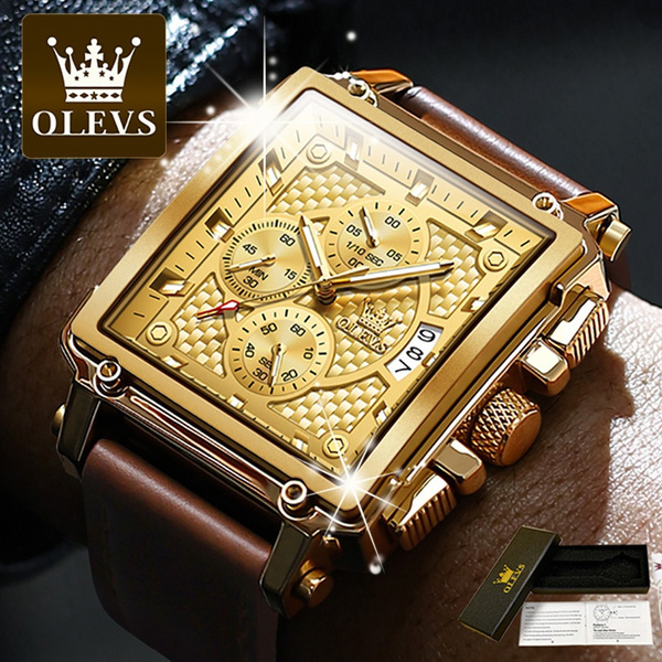 OLEVS Original Gold Watch For Men Brand Luxury Military Leather Large ...
