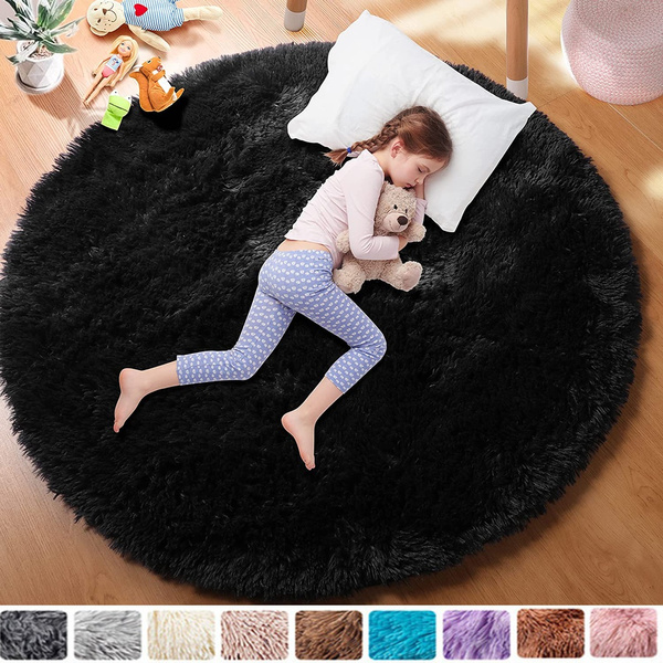 Area Rug Round Black Rug Circle Rugs for Kids Bedroom Fluffy Carpets ...