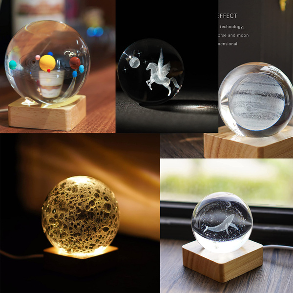3D Engraved Crystal Decorative Ball Paperweight with LED Base, Glass ...