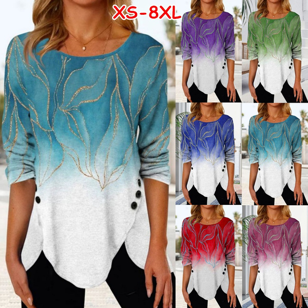 Plus Size XS-8XL Women Fashion Autumn Clothes O-neck Long-Sleeve Tops ...