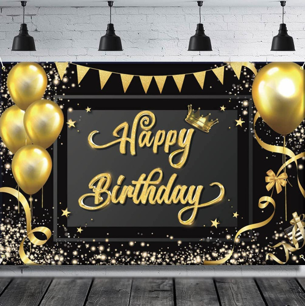 Happy Birthday Backdrop Banner Large Black Gold Balloon Star Fireworks