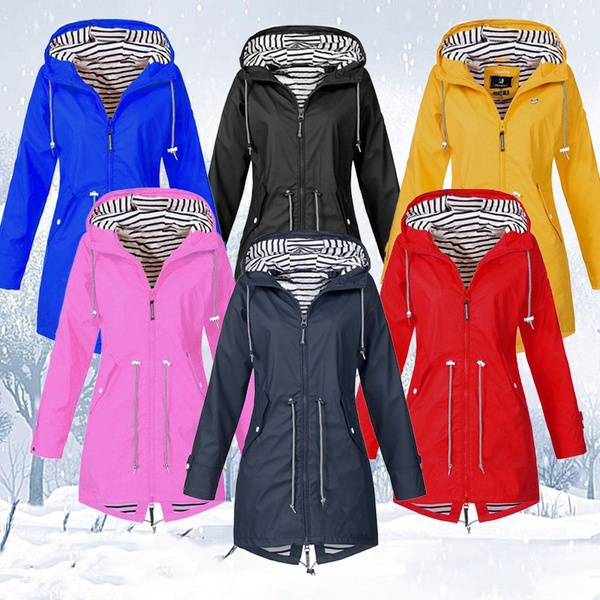 Women Outdoor Waterproof Rain Jacket Casual Loose Hooded Windproof ...