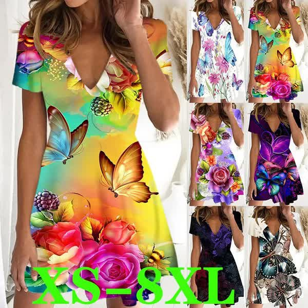 Summer Sexy V Neck Dress Short Sleeved Print Mini Dress Plus Size Women