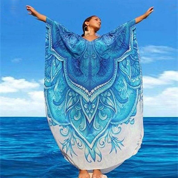Oversize Ocean Blue Bohemian Printed Kaftan Beach Dress Plus Size Tunic ...