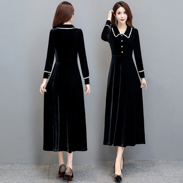Women Japanese Velvet Midi Dress Stand Collar Stretch Long Sleeve ...