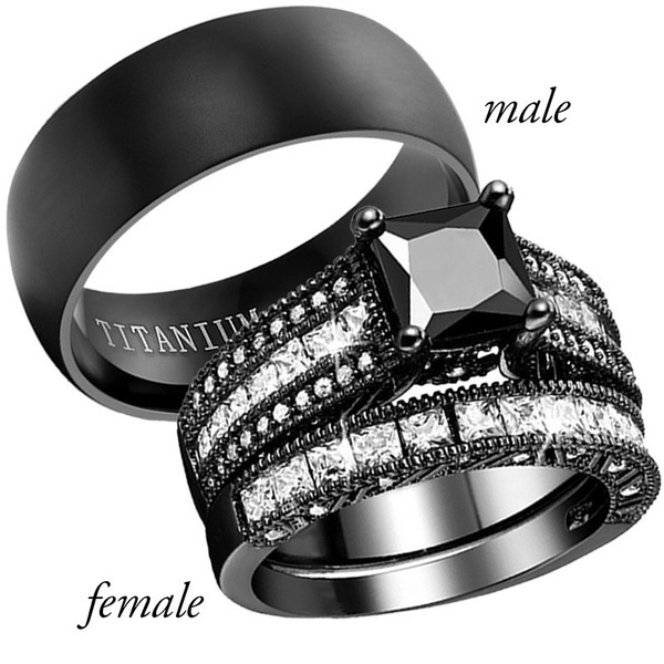 Black Couple Rings - Men's Titanium Steel Ring and Women's 14kt Black ...
