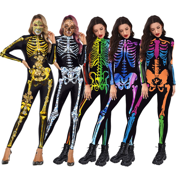 Women Halloween Party Costume Skeleton Print Bodysuit Long Sleeve ...