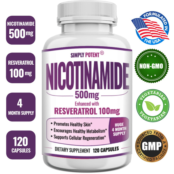 Nicotinamide 500mg with Resveratrol 100mg - 120 Veggie Capsules - Vitamin B3 Supplement Pills to ...
