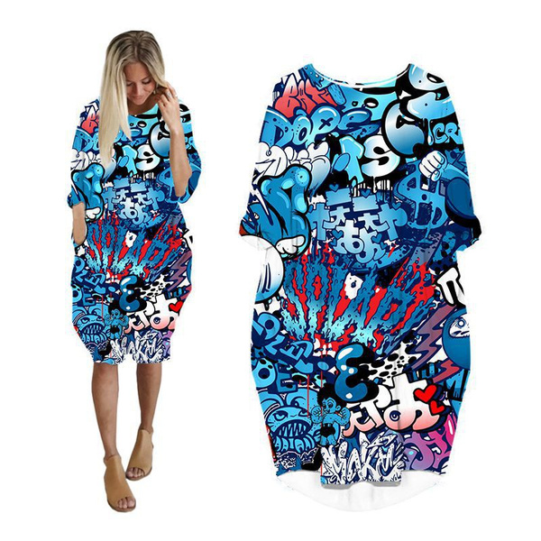 letter hip hop graffiti 3d print midi dress pocket batwing woman ...