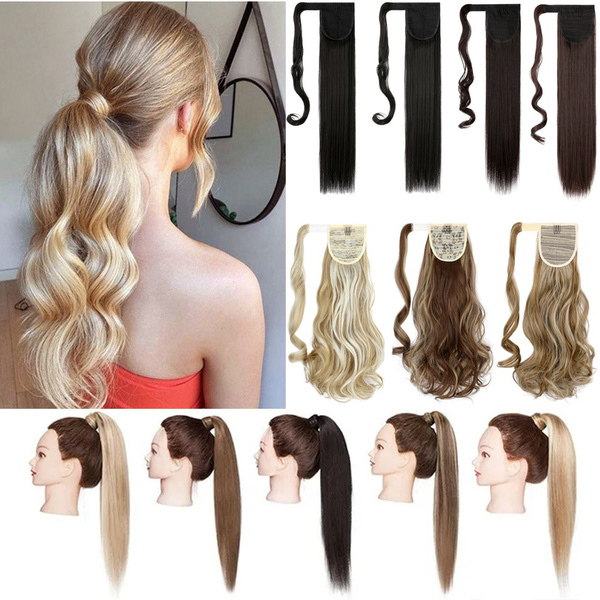 24" Straight 18" Curly Ladies Long Wavy Ponytail Piece Wrap Around Clip ...