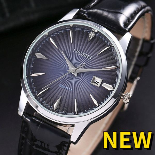 TPOFHS Men's Watch Quartz Analog Clock Calendar Waterproof Leather ...