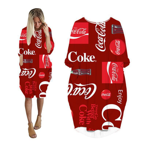 coke coca cola vintage 3d print midi dress pocket batwing woman dresses ...