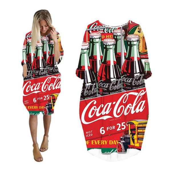 coke coca cola vintage 3d print midi dress pocket batwing woman dresses ...