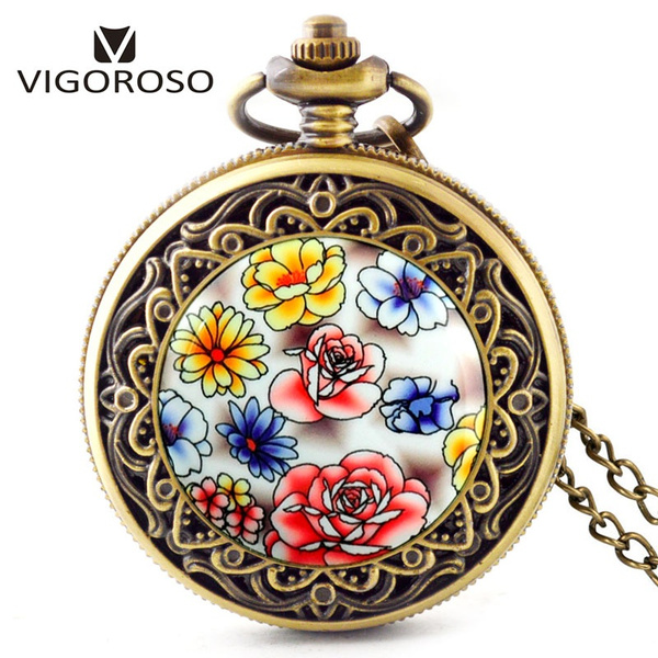 Retro Lovely Floral Print Pocket Watch With Chain Pendant Necklace ...