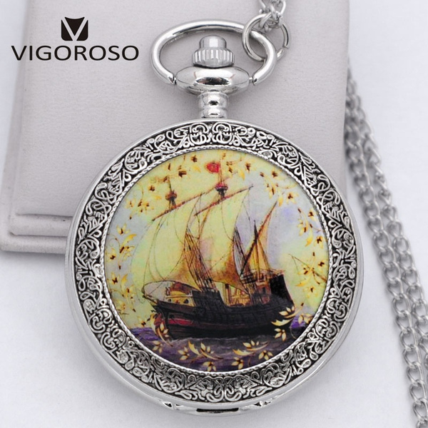 Sailboat Style Good Luck Pocket Watch Pendant Necklace Vintage Silver ...