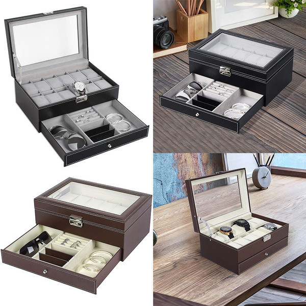 2-Tier 12 Slots Watch and Jewelry Display Case Organizer PU Leather ...
