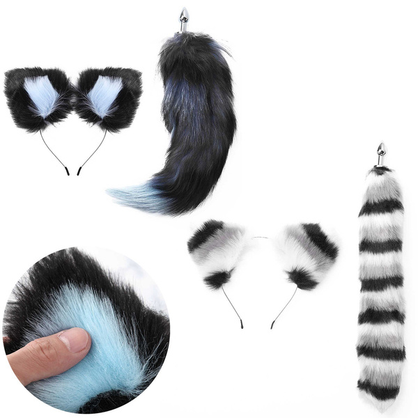 Faux Fur Cat Ears Hair Clip Furry Wolf Fox Long Tail Cosplay Party ...