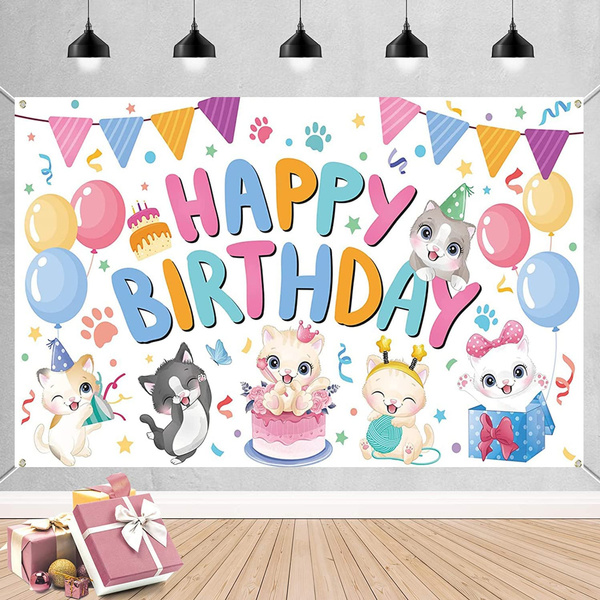 Cute Cat Happy Birthday Backdrop Banner Kawaii Cartoon Cat Backdrop ...