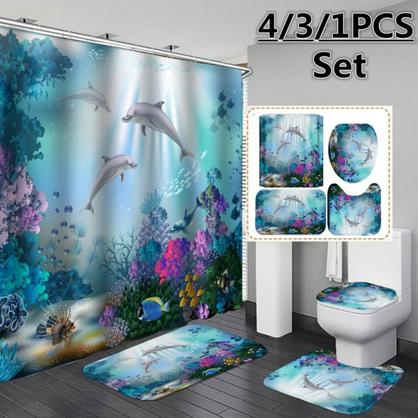 4/3/1 Pcs Bathroom Decor Sea Style Dolphin Waterproof Shower Curtain ...