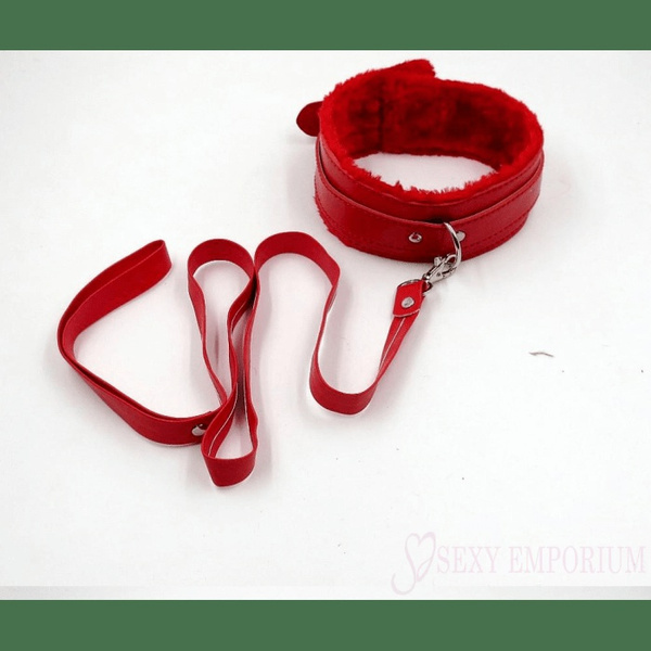 Red Bondage Adjustable Collar Neck Lead Restraint Fetish Kinky BDSM Set Kit Faux Leather Sex Toy ...