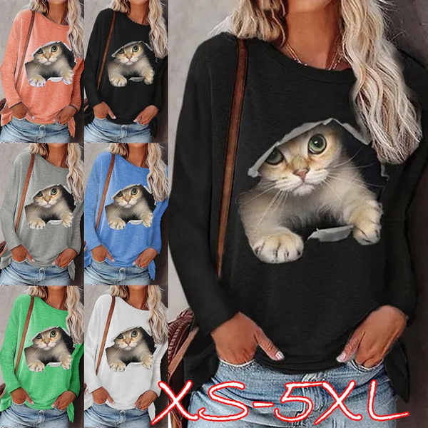 Cute Cat Print Women T-shirts Spring and Autumn Lovely Long Sleeve ...