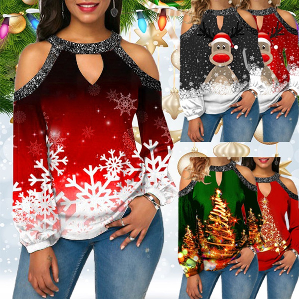 New Christmas Fashion Women's Christmas Elements Printed Off-the ...