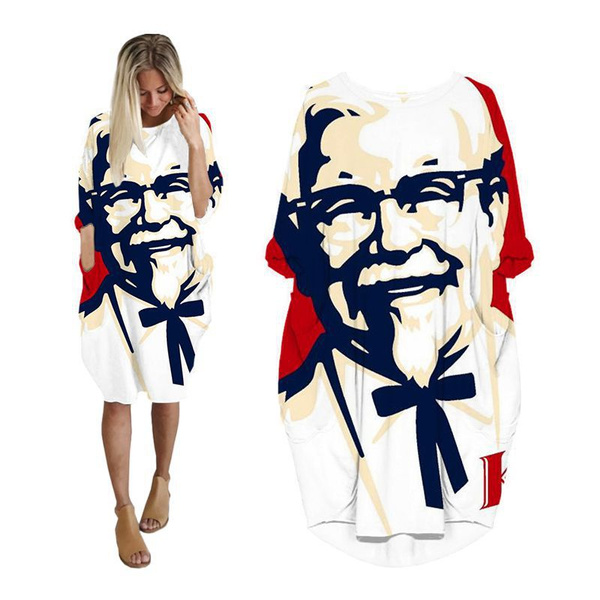 kfc 3d print midi dress pocket batwing woman dresses plus size long ...