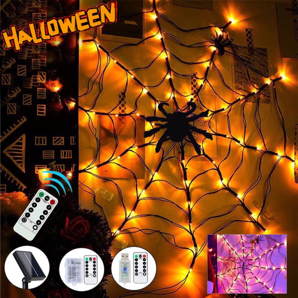 1.2 M Halloween Decorations Light Spider Web Light 80LED Battery/USB ...