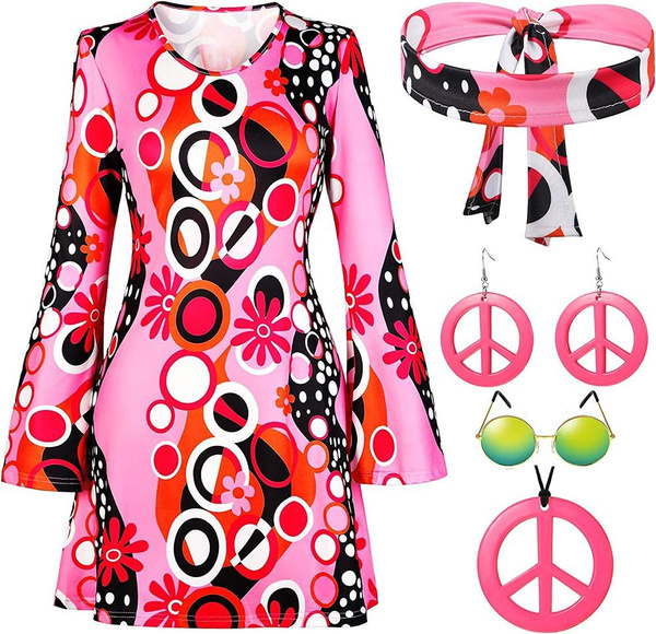 Fashion 5PCS Set Women Hippie Costume Halloween Party Disco 70's Dance Costume Set Peace Sign ...