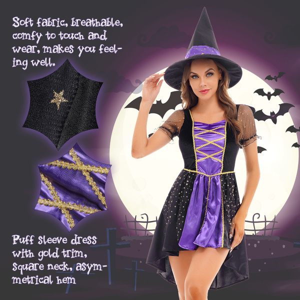 Womens Halloween Performance Costume Witch Role Play Outfit Puff Sleeve ...