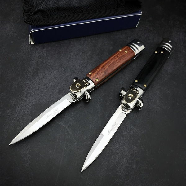 Italy Mafia AKC Stiletto AUTO Side Jump Folding Knife Wooden Handle ...