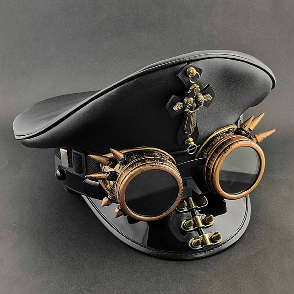 Captain Hat Police Leather Hat Steampunk Rock Punk Goth Hat Cosplay Cap ...
