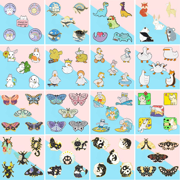 5Pcs/set Cartoon Animal Flowers Insect Enamel Pins Dinosaur Duck Rabbit ...