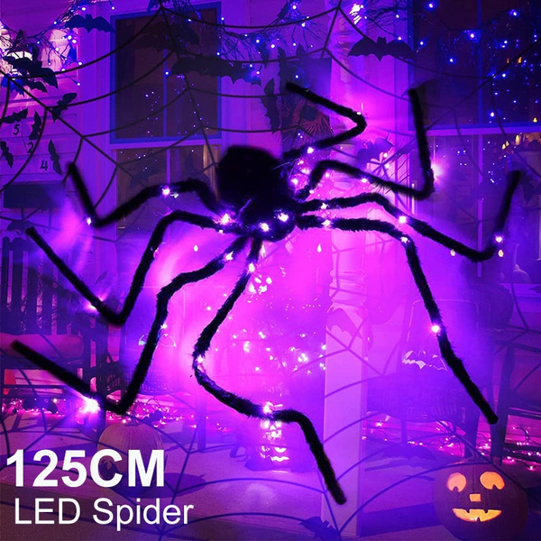 125CM Giant Light Up Black Hairy Spiders with 26 Purple LEDs Realistic ...