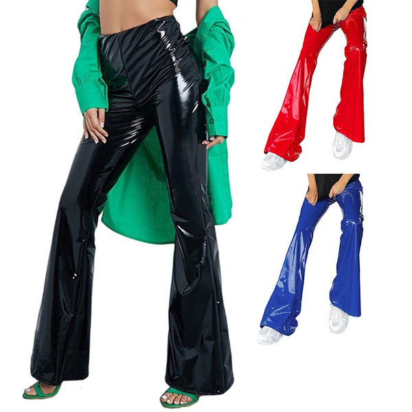 Womens PU Faux Leather High Waist Pants Flared Flares Trousers Wide Leg ...