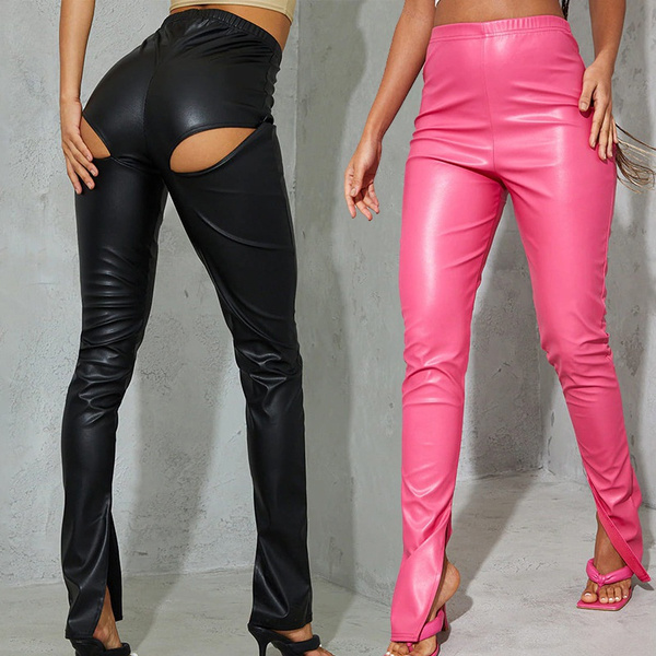 Nightclub Sexy Leggings Women PU High Waist Slim Pants Hollow Out Women Leggings High Elasticity ...