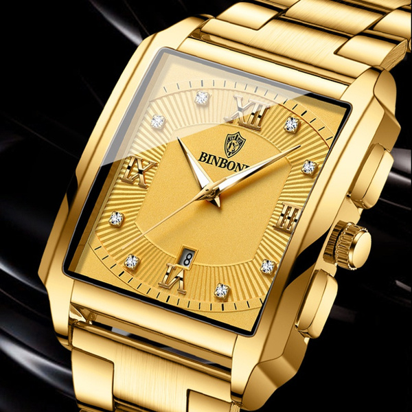 BINBOND Gold Men's Watches Luxury Original Stainless Steel Waterproof Square Male Wristwatches ...