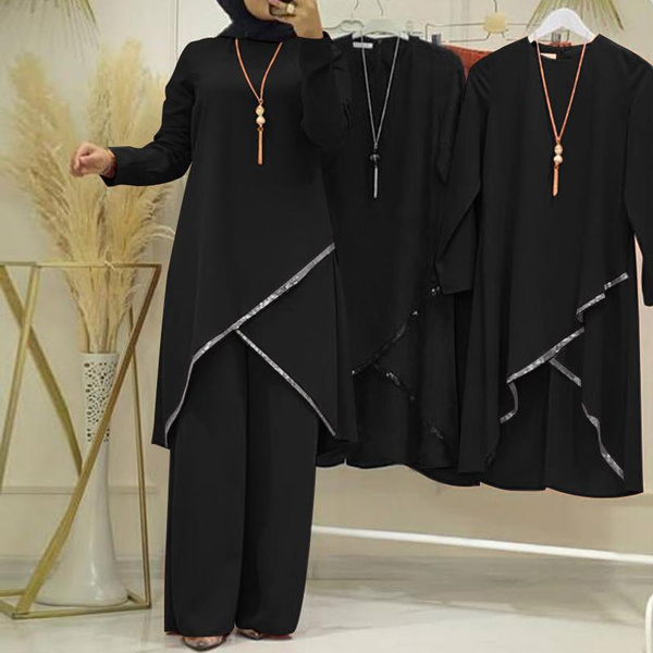ZANZEA Women Full Sleeved Asymmetric Hem Islamic Pant Set Loose Suits ...