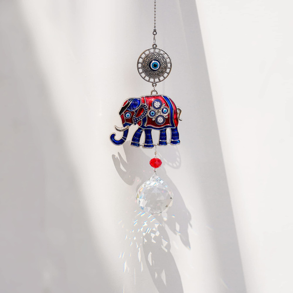 H&D Turkish Blue Evil Eye Suncatcher with Lucky Elephant Amulet Rainbow ...