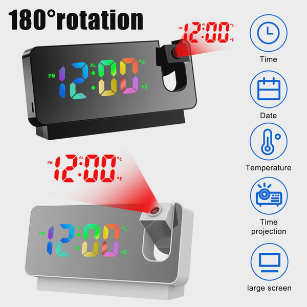 180° Rotation LED Digital Projection Alarm Clock Mute Electronic Clock ...