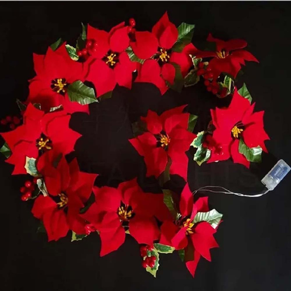 Christmas Poinsettia String Light with Red Berries Maple Leaves 10 LED ...