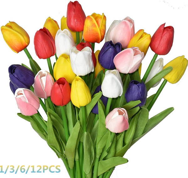 Multicolor Tulips Artificial Flowers Faux Tulip Stems Real Feel PU ...