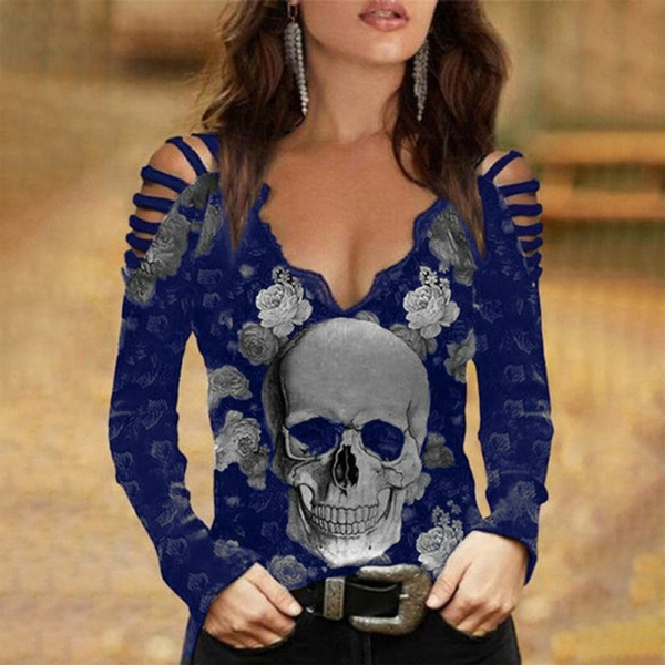 Women's Fashion V-neck Skull & Flower Printed T-shirts Casual Gothic Hollow Long Sleeve Pullover ...