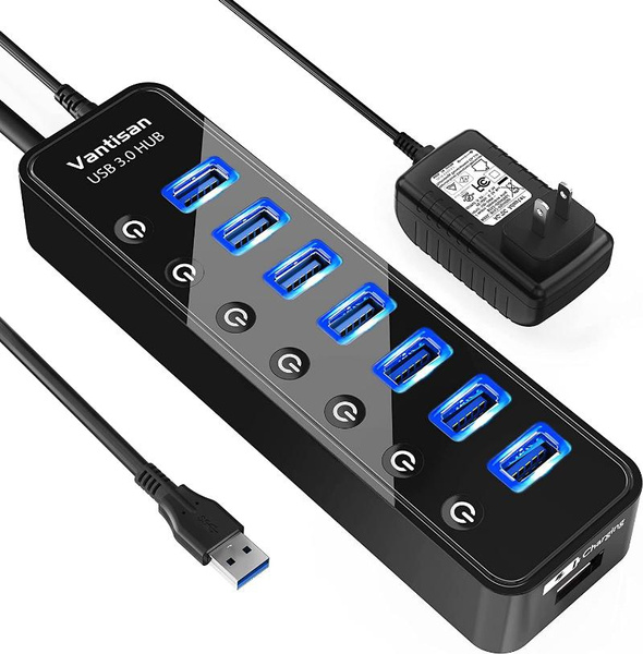 USB Hub 3.0 Powered, 7 Ports USB Data Hub Splitter with One Smart Charging Port and 5V/4A ...