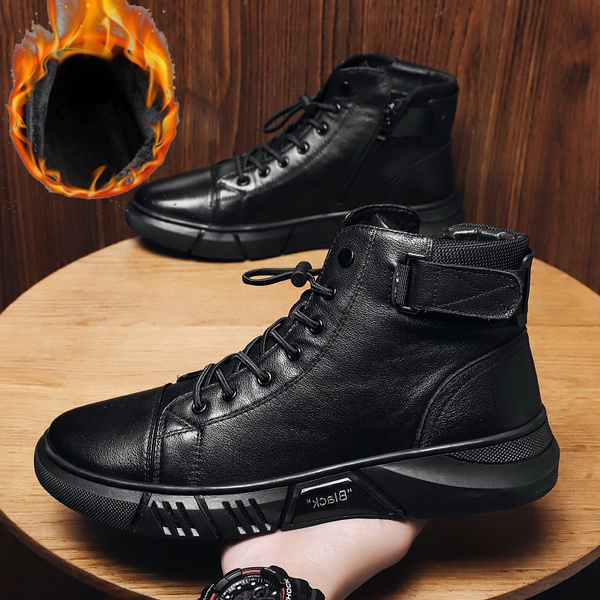 Winter Men Comfortable Platform Warm Cotton Boots Black Pu Leather ...