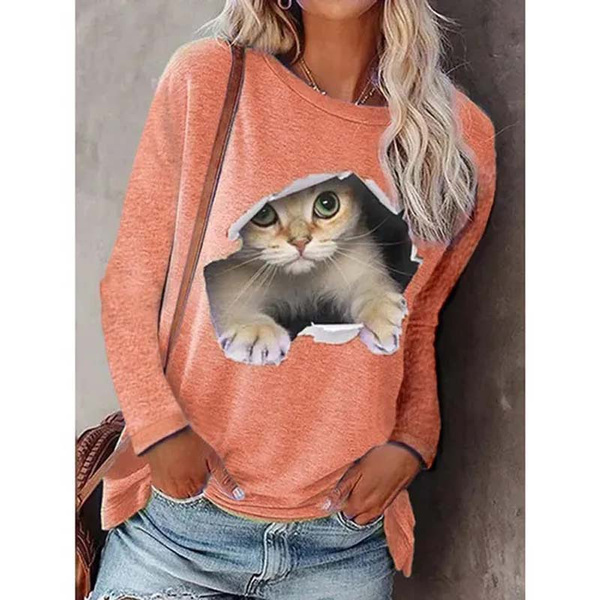 Fashion Cute Cat Print Women Long Sleeve T-shirts Round Neck Casual ...