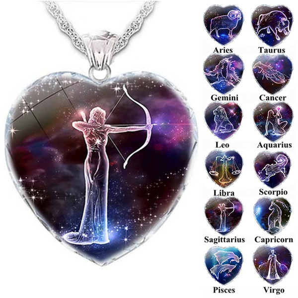 12 Zodiac Sign Necklace For Women Glass Constellation Heart Shaped ...